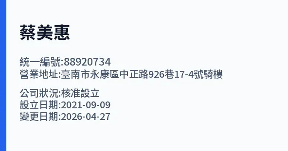 蔡美惠的照片-統編 88920734(臺南市) 公司登記資料與營業項目詳細圖表