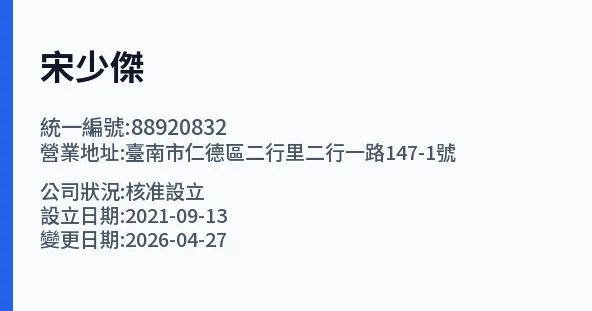 宋少傑的照片-統編 88920832(臺南市) 公司登記資料與營業項目詳細圖表