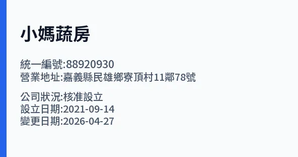 小媽蔬房的照片-統編 88920930(嘉義縣) 公司登記資料與營業項目詳細圖表
