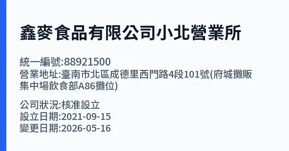 鑫麥食品有限公司小北營業所的照片-統編 88921500(臺南市) 公司登記資料與營業項目詳細圖表