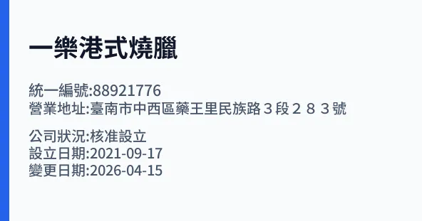 一樂港式燒臘的照片-統編 88921776(臺南市) 公司登記資料與營業項目詳細圖表