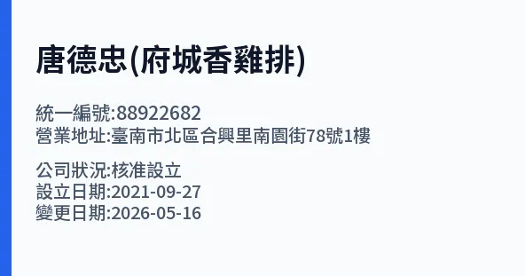 唐德忠(府城香雞排)的照片-統編 88922682(臺南市) 公司登記資料與營業項目詳細圖表