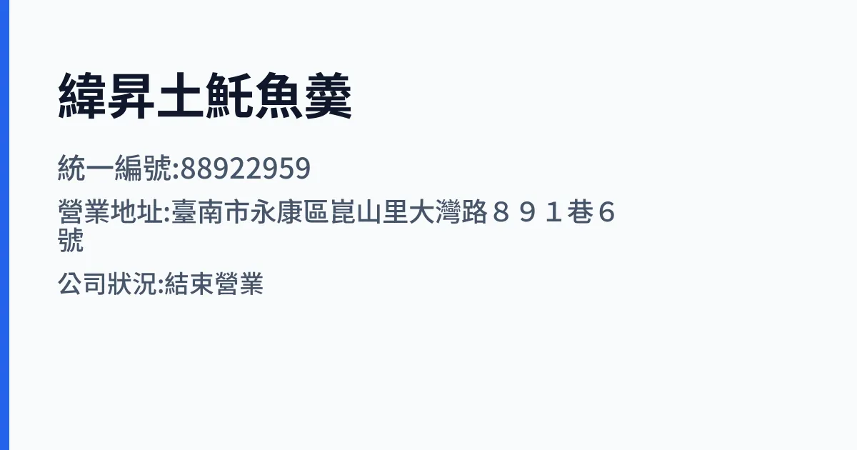 緯昇土魠魚羮 - 統編 88922959(臺南市) 公司登記資料與營業項目詳細圖表