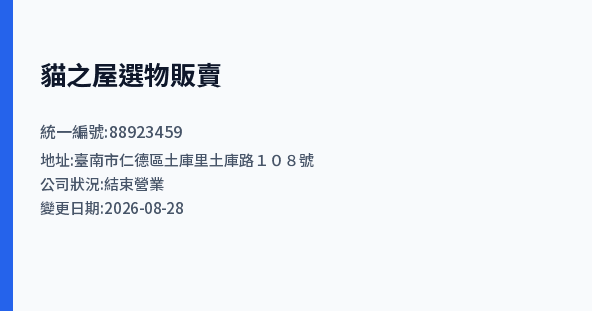 貓之屋選物販賣的照片-統編 88923459(臺南市) 公司登記資料與營業項目詳細圖表