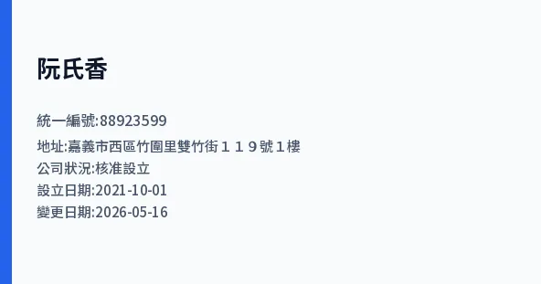 阮氏香的照片-統編 88923599(嘉義市) 公司登記資料與營業項目詳細圖表