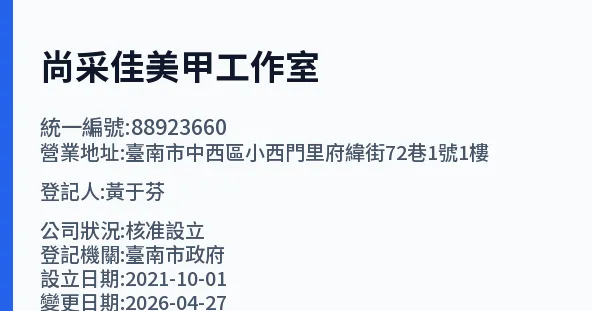 尚采佳美甲工作室的照片-統編 88923660(臺南市) 公司登記資料與營業項目詳細圖表