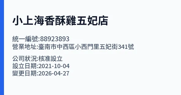 小上海香酥雞五妃店的照片-統編 88923893(臺南市) 公司登記資料與營業項目詳細圖表