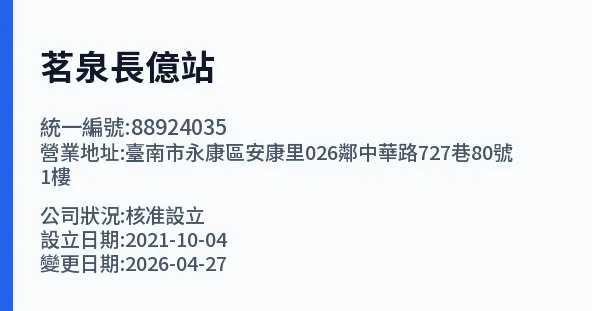 茗泉長億站的照片-統編 88924035(臺南市) 公司登記資料與營業項目詳細圖表