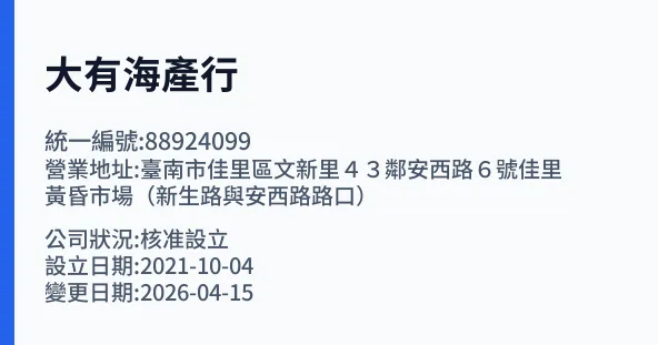 大有海產行的照片-統編 88924099(臺南市) 公司登記資料與營業項目詳細圖表