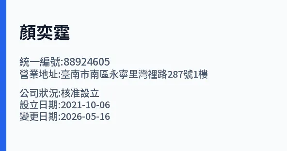 顏奕霆的照片-統編 88924605(臺南市) 公司登記資料與營業項目詳細圖表