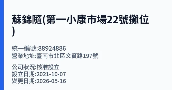 蘇錦隨(第一小康市場22號攤位)的照片-統編 88924886(臺南市) 公司登記資料與營業項目詳細圖表