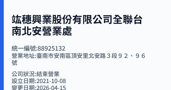 竑穗興業股份有限公司全聯台南北安營業處的照片-統編 88925132(臺南市) 公司登記資料與營業項目詳細圖表