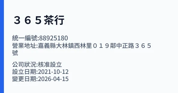 ３６５茶行的照片-統編 88925180(嘉義縣) 公司登記資料與營業項目詳細圖表