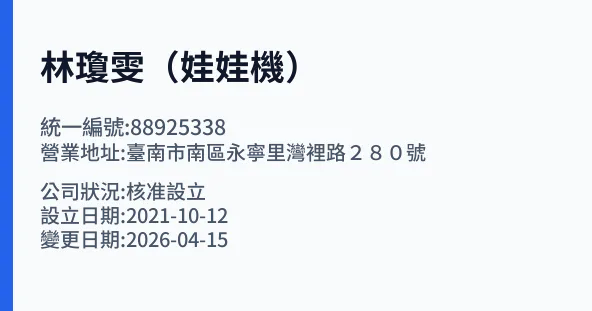 林瓊雯（娃娃機）的照片-統編 88925338(臺南市) 公司登記資料與營業項目詳細圖表