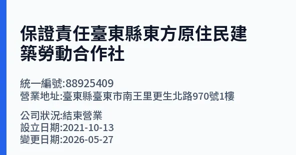 保證責任臺東縣東方原住民建築勞動合作社的照片-統編 88925409(臺東縣) 公司登記資料與營業項目詳細圖表