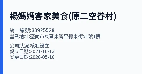 楊媽媽客家美食(原二空眷村)的照片-統編 88925528(臺南市) 公司登記資料與營業項目詳細圖表