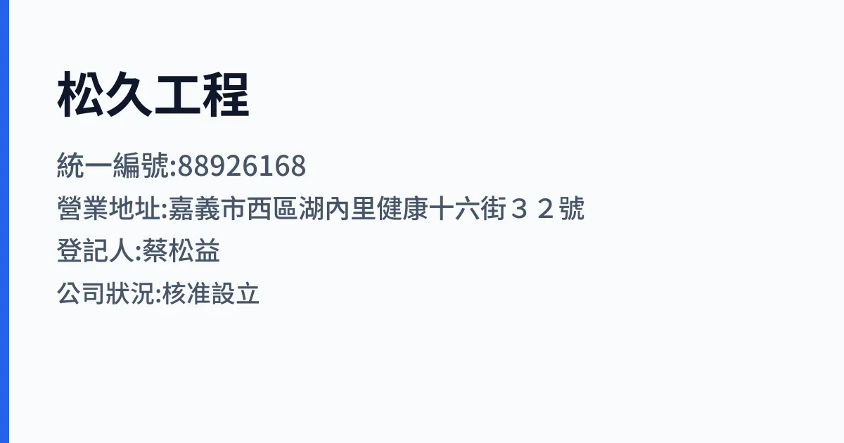 松久工程 - 統編 88926168(嘉義市) 公司登記資料與營業項目詳細圖表