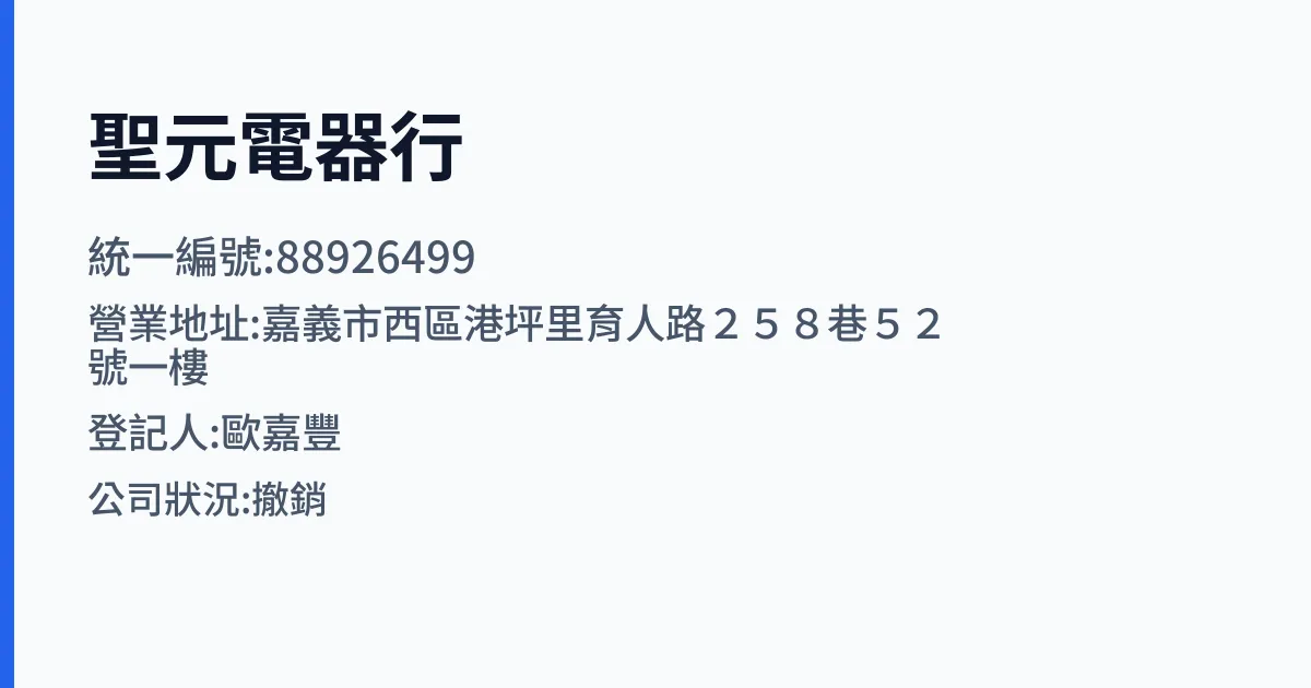 聖元電器行 - 統編 88926499(嘉義市) 公司登記資料與營業項目詳細圖表