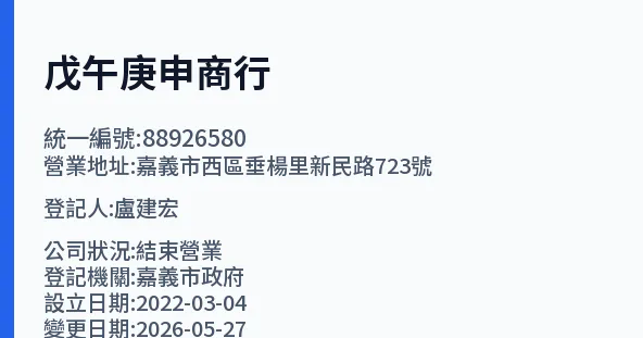 戊午庚申商行的照片-統編 88926580(嘉義市) 公司登記資料與營業項目詳細圖表