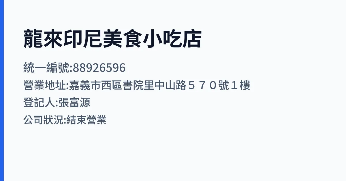 龍來印尼美食小吃店 - 統編 88926596(嘉義市) 公司登記資料與營業項目詳細圖表