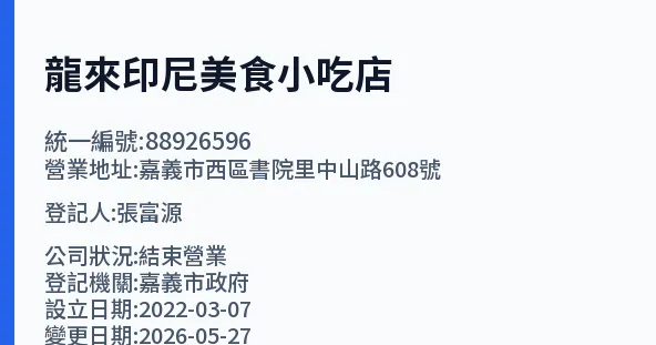 龍來印尼美食小吃店的照片-統編 88926596(嘉義市) 公司登記資料與營業項目詳細圖表
