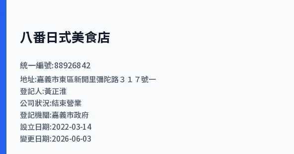 八番日式美食店的照片-統編 88926842(嘉義市) 公司登記資料與營業項目詳細圖表