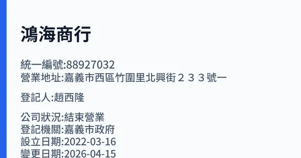 鴻海商行的照片-統編 88927032(嘉義市) 公司登記資料與營業項目詳細圖表
