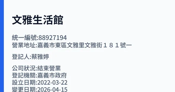 文雅生活館的照片-統編 88927194(嘉義市) 公司登記資料與營業項目詳細圖表