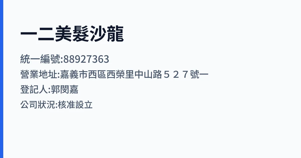 一二美髮沙龍 - 統編 88927363(嘉義市) 公司登記資料與營業項目詳細圖表