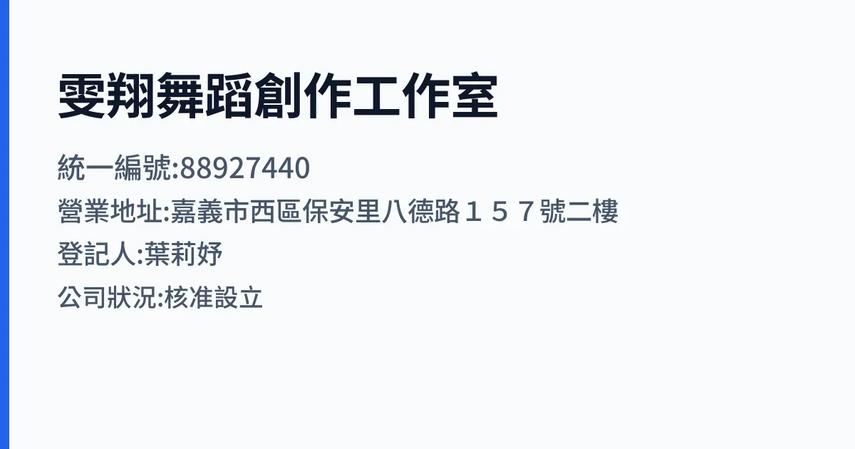 雯翔舞蹈創作工作室 - 統編 88927440(嘉義市) 公司登記資料與營業項目詳細圖表