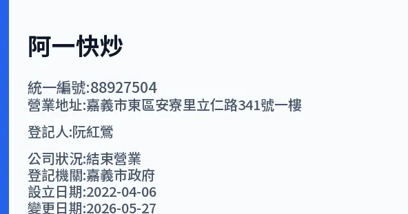 阿一快炒的照片-統編 88927504(嘉義市) 公司登記資料與營業項目詳細圖表