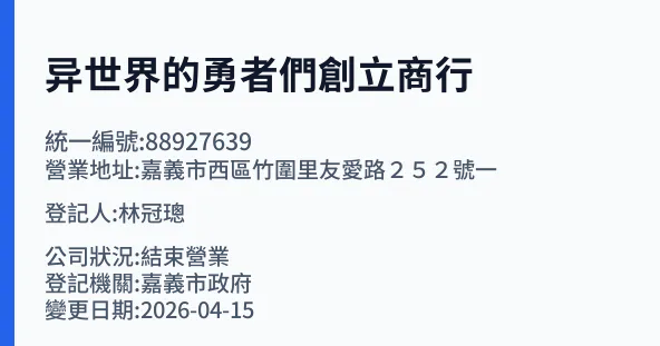 异世界的勇者們創立商行的照片-統編 88927639(嘉義市) 公司登記資料與營業項目詳細圖表