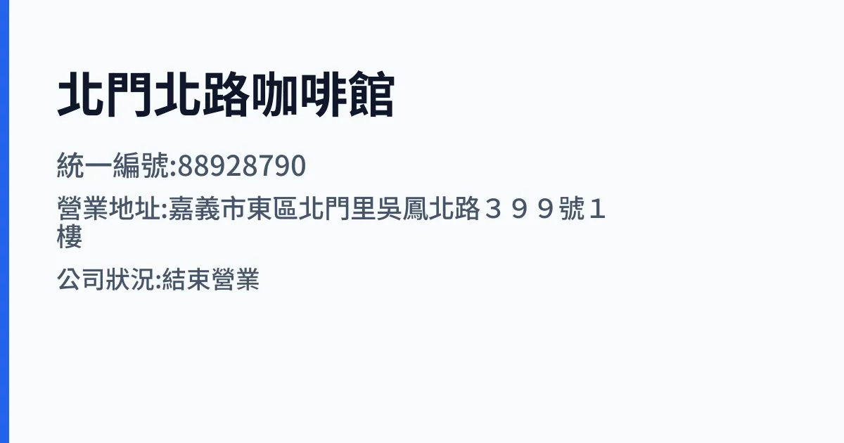 北門北路咖啡館 - 統編 88928790(嘉義市) 公司登記資料與營業項目詳細圖表