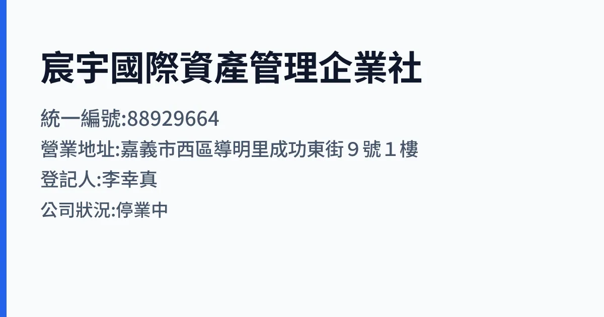 宸宇國際資產管理企業社 - 統編 88929664(嘉義市) 公司登記資料與營業項目詳細圖表