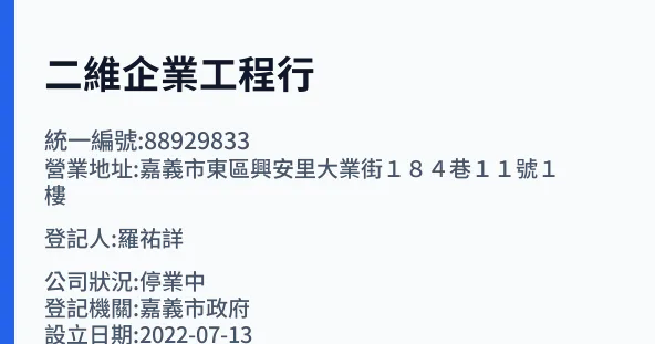 二維企業工程行的照片-統編 88929833(嘉義市) 公司登記資料與營業項目詳細圖表