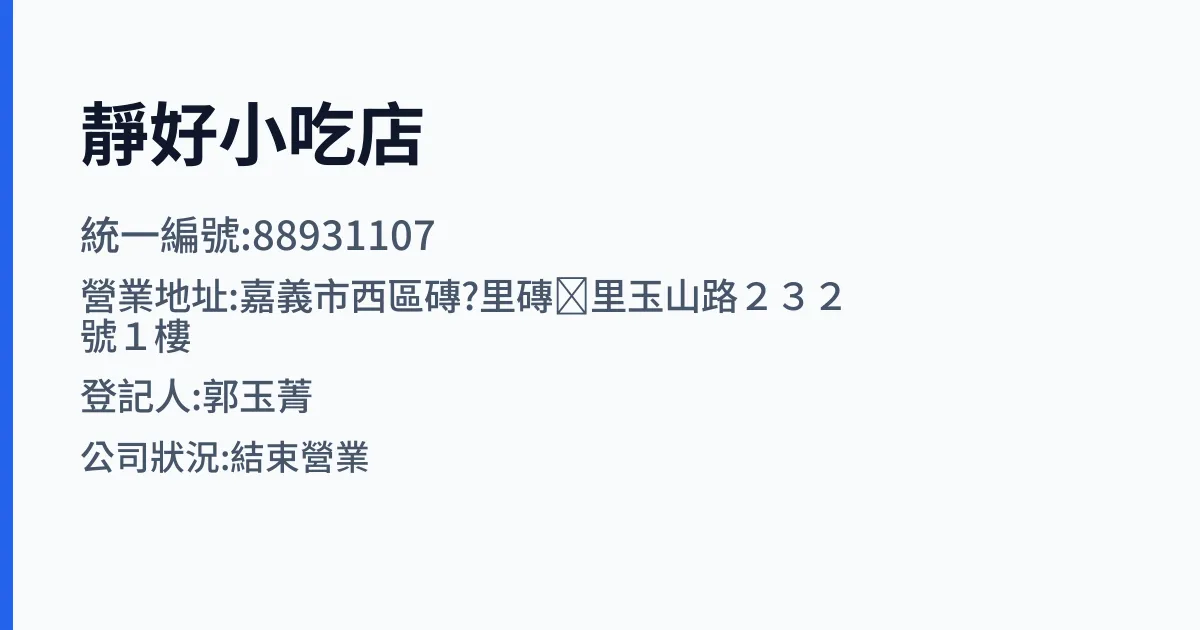 靜好小吃店 - 統編 88931107(嘉義市) 公司登記資料與營業項目詳細圖表