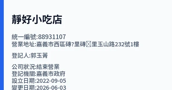 靜好小吃店的照片-統編 88931107(嘉義市) 公司登記資料與營業項目詳細圖表