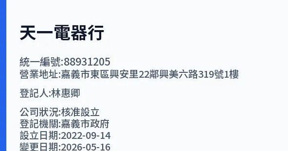 天一電器行的照片-統編 88931205(嘉義市) 公司登記資料與營業項目詳細圖表