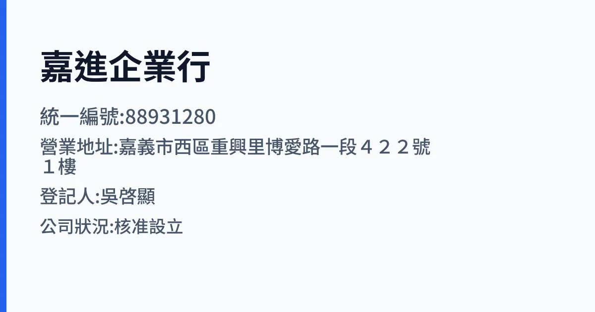 嘉進企業行 - 統編 88931280(嘉義市) 公司登記資料與營業項目詳細圖表
