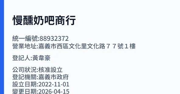 慢醺奶吧商行的照片-統編 88932372(嘉義市) 公司登記資料與營業項目詳細圖表