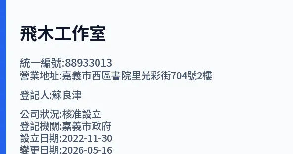 飛木工作室的照片-統編 88933013(嘉義市) 公司登記資料與營業項目詳細圖表