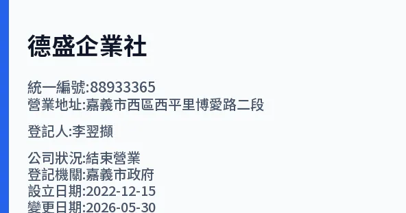 德盛企業社的照片-統編 88933365(嘉義市) 公司登記資料與營業項目詳細圖表