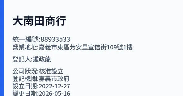 大南田商行的照片-統編 88933533(嘉義市) 公司登記資料與營業項目詳細圖表