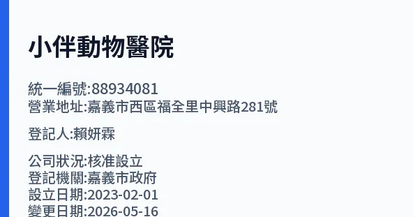 小伴動物醫院的照片-統編 88934081(嘉義市) 公司登記資料與營業項目詳細圖表