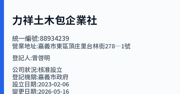 力祥土木包企業社的照片-統編 88934239(嘉義市) 公司登記資料與營業項目詳細圖表
