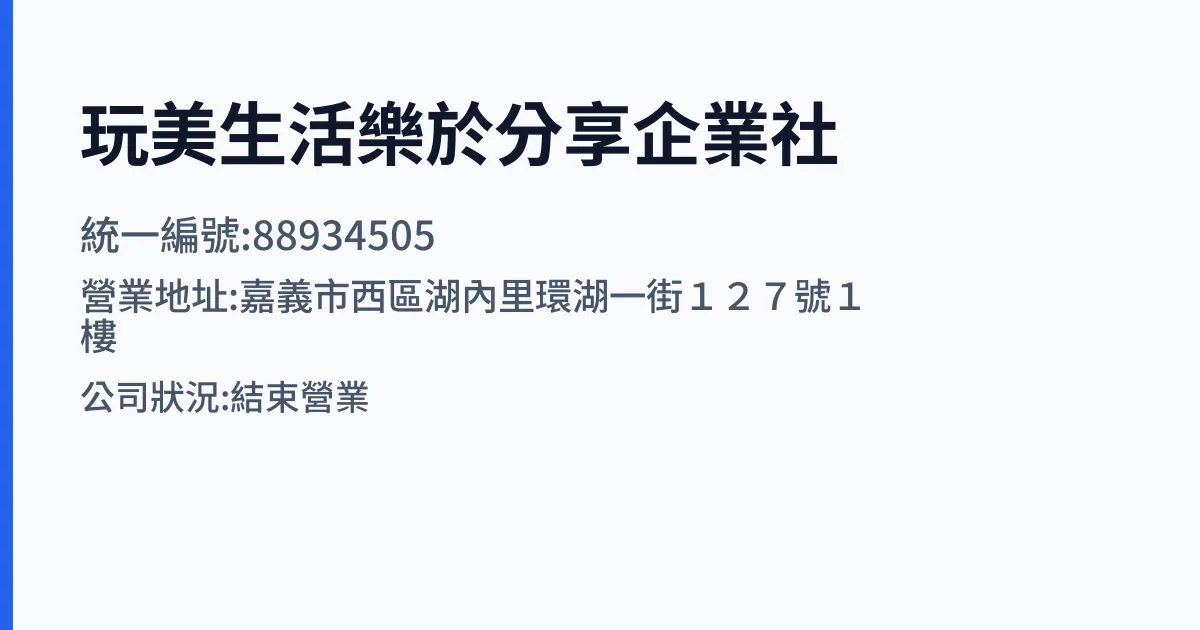 玩美生活樂於分享企業社 - 統編 88934505(嘉義市) 公司登記資料與營業項目詳細圖表