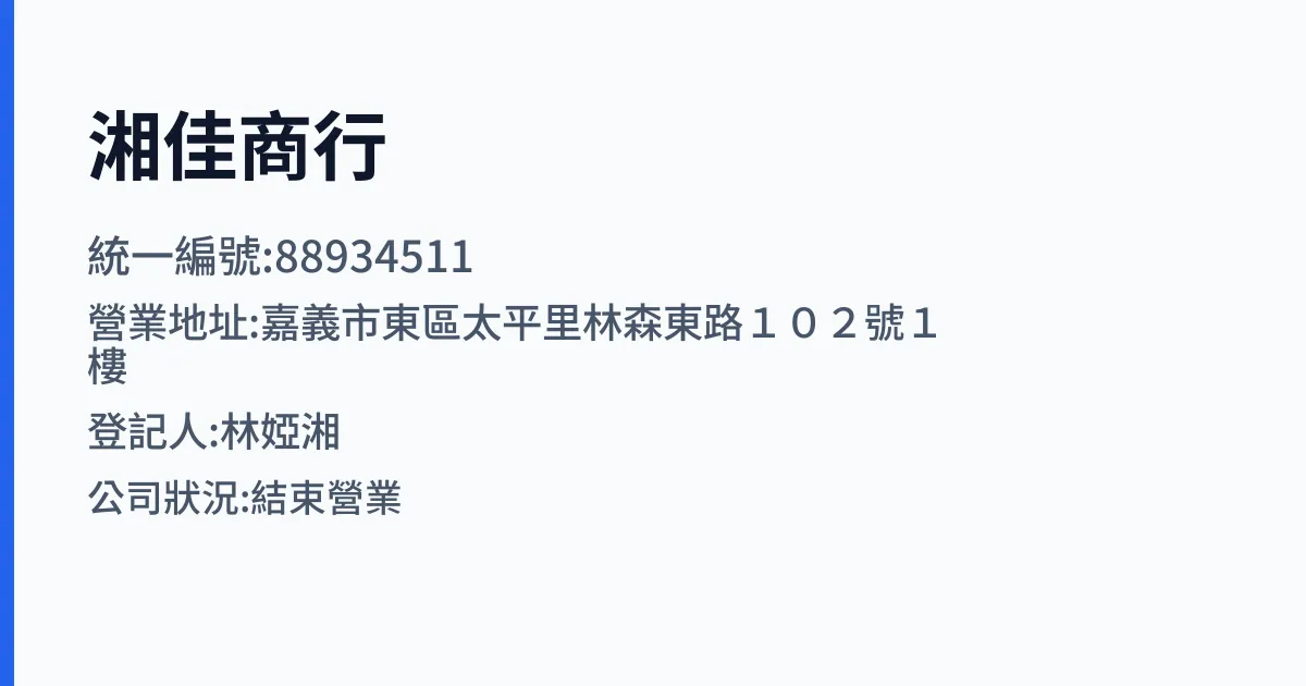 湘佳商行 - 統編 88934511(嘉義市) 公司登記資料與營業項目詳細圖表