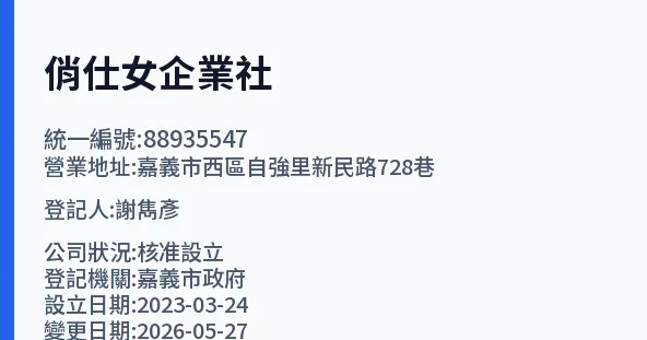 俏仕女企業社的照片-統編 88935547(嘉義市) 公司登記資料與營業項目詳細圖表
