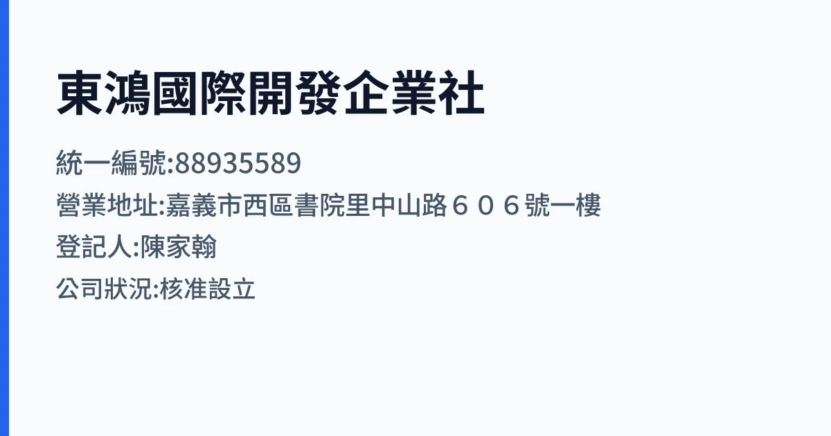 東鴻國際開發企業社 - 統編 88935589(嘉義市) 公司登記資料與營業項目詳細圖表