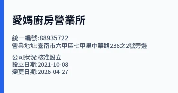 愛媽廚房營業所的照片-統編 88935722(臺南市) 公司登記資料與營業項目詳細圖表